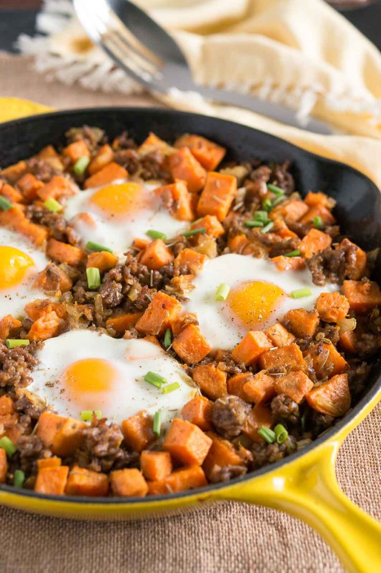 Sweet Potato Hash with Sausage and Eggs - Delicious Meets Healthy