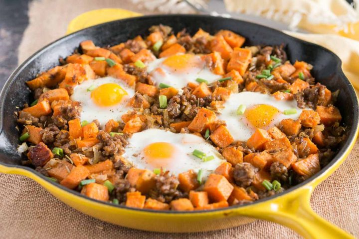 Sweet Potato Hash with Sausage and Eggs - Delicious Meets Healthy