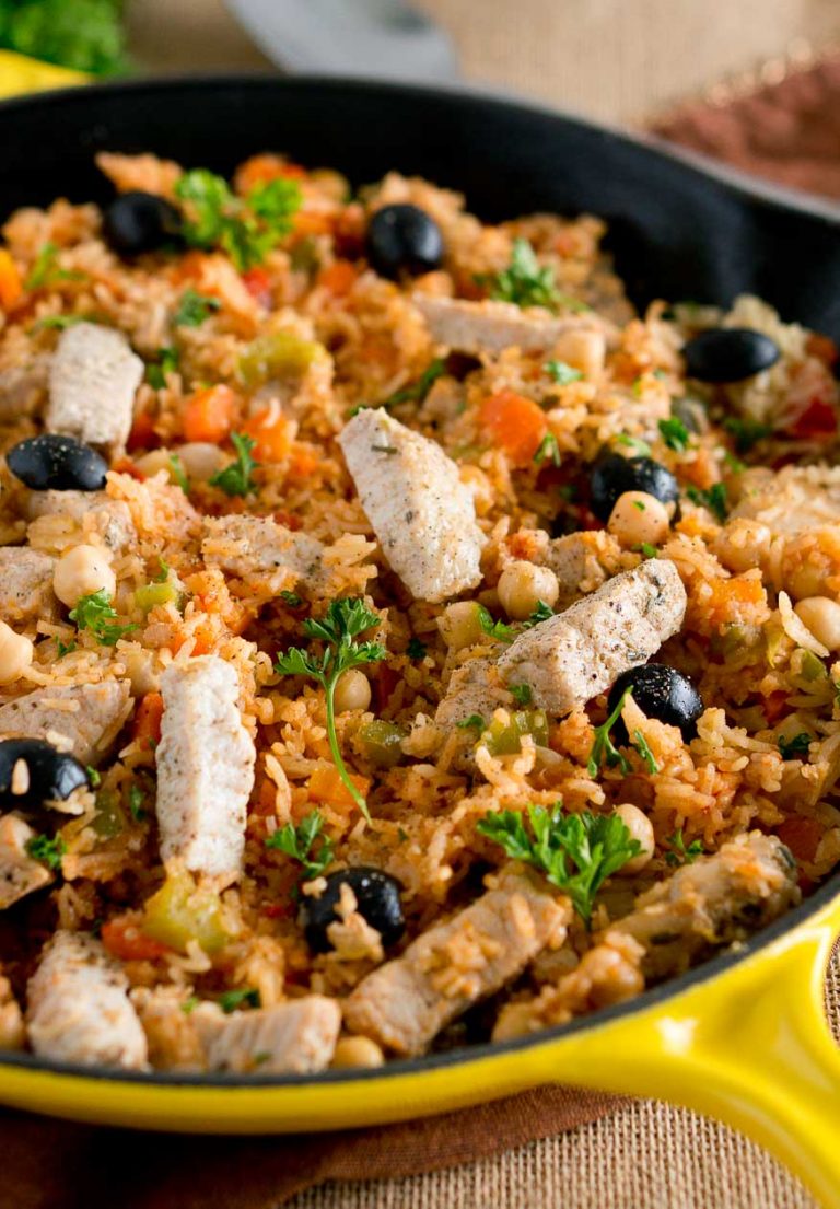 One Skillet Mediterranean Pork and Rice - Delicious Meets Healthy